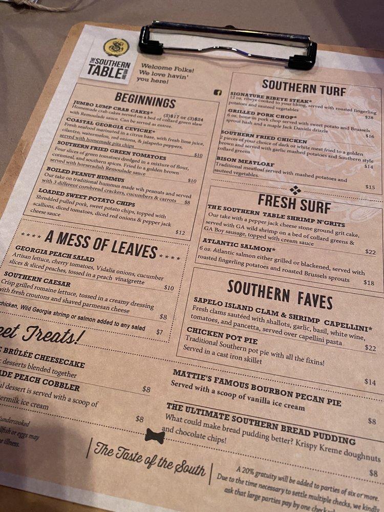 Menu at Southern Table And Bar, Brunswick