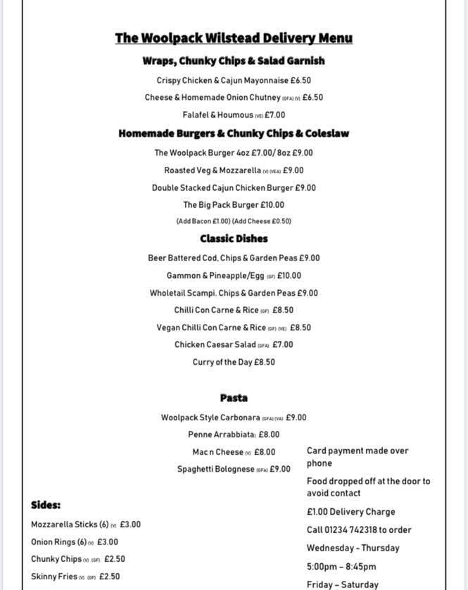 Menu at The Woolpack Wilstead pub & bar, Bedford
