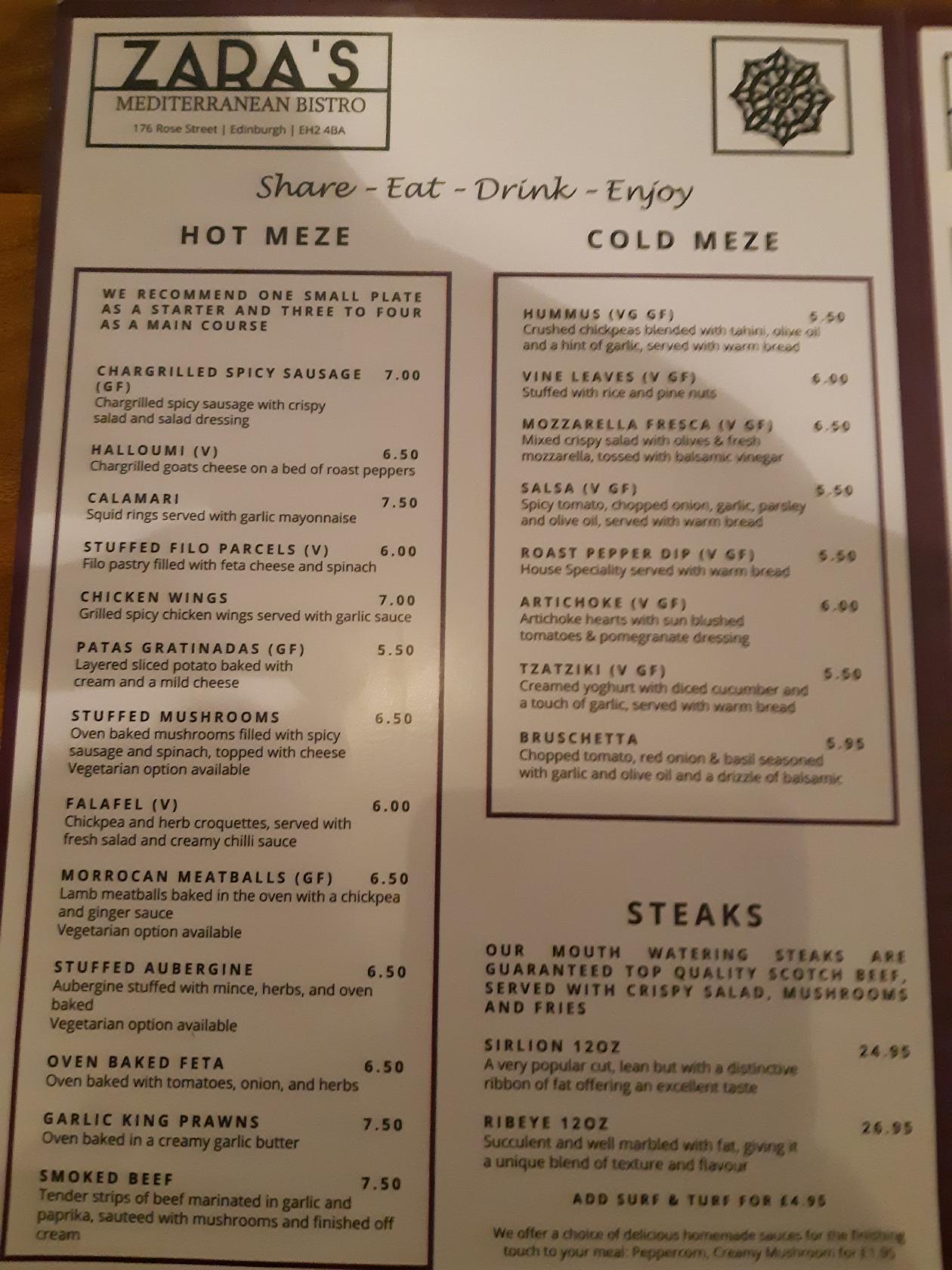 Menu at Zara's Mediterranean Bistro restaurant, Edinburgh