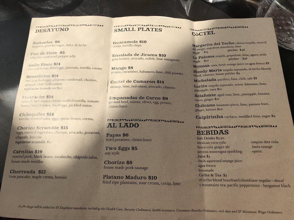 Menu at El Techo pub & bar, San Francisco