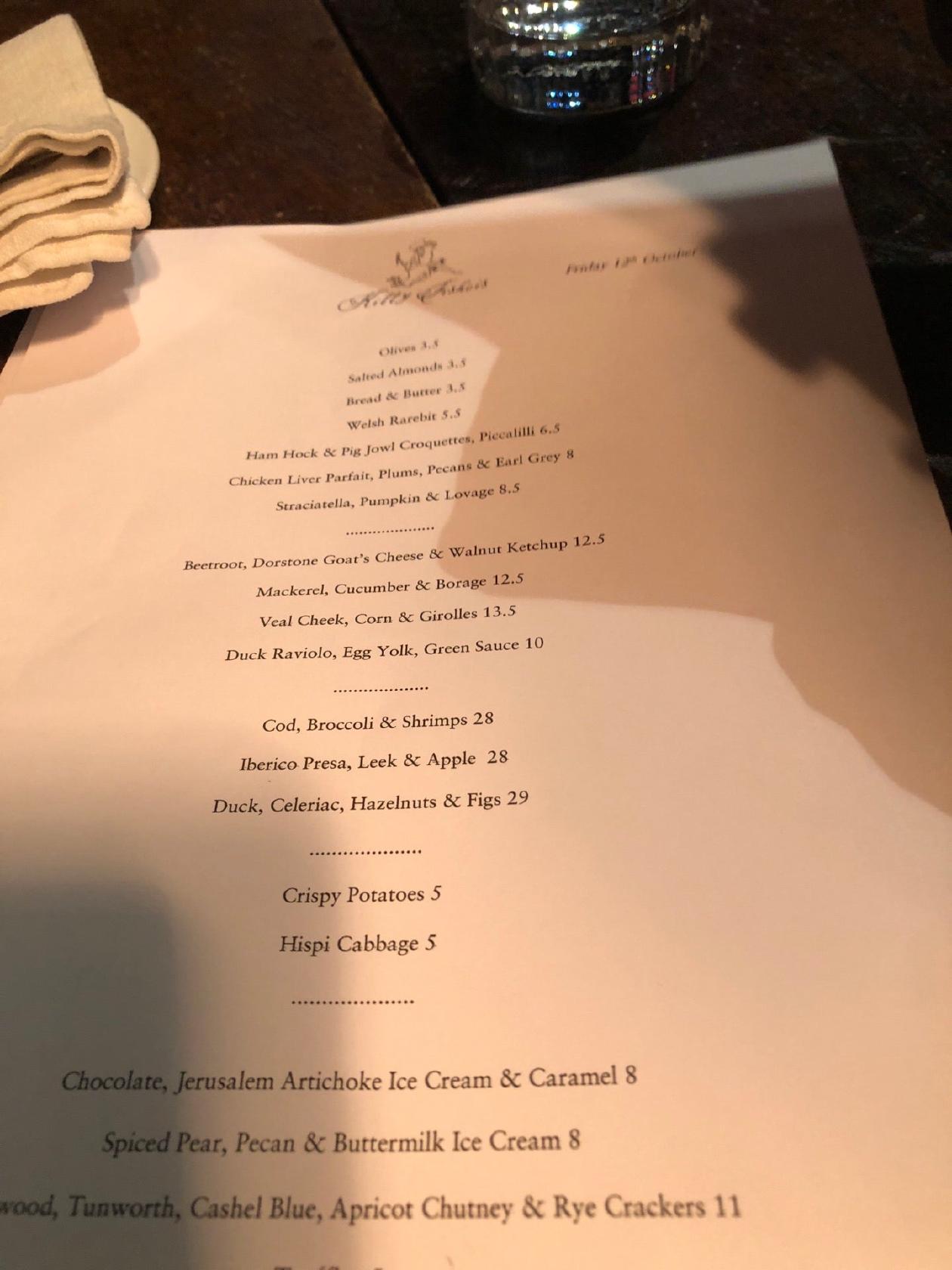 Menu at Kitty Fisher's Mayfair restaurant, London