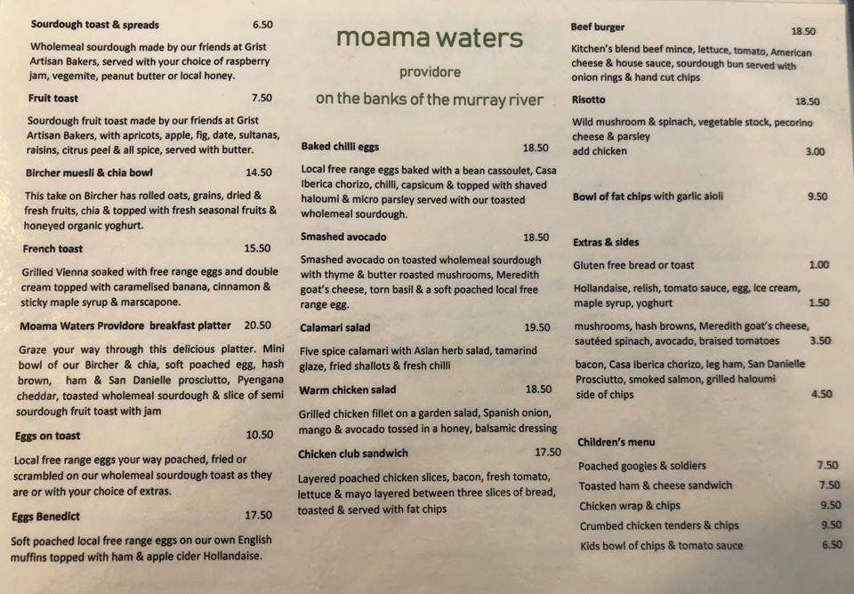 Menu at Moama Waters Providore restaurant, Moama
