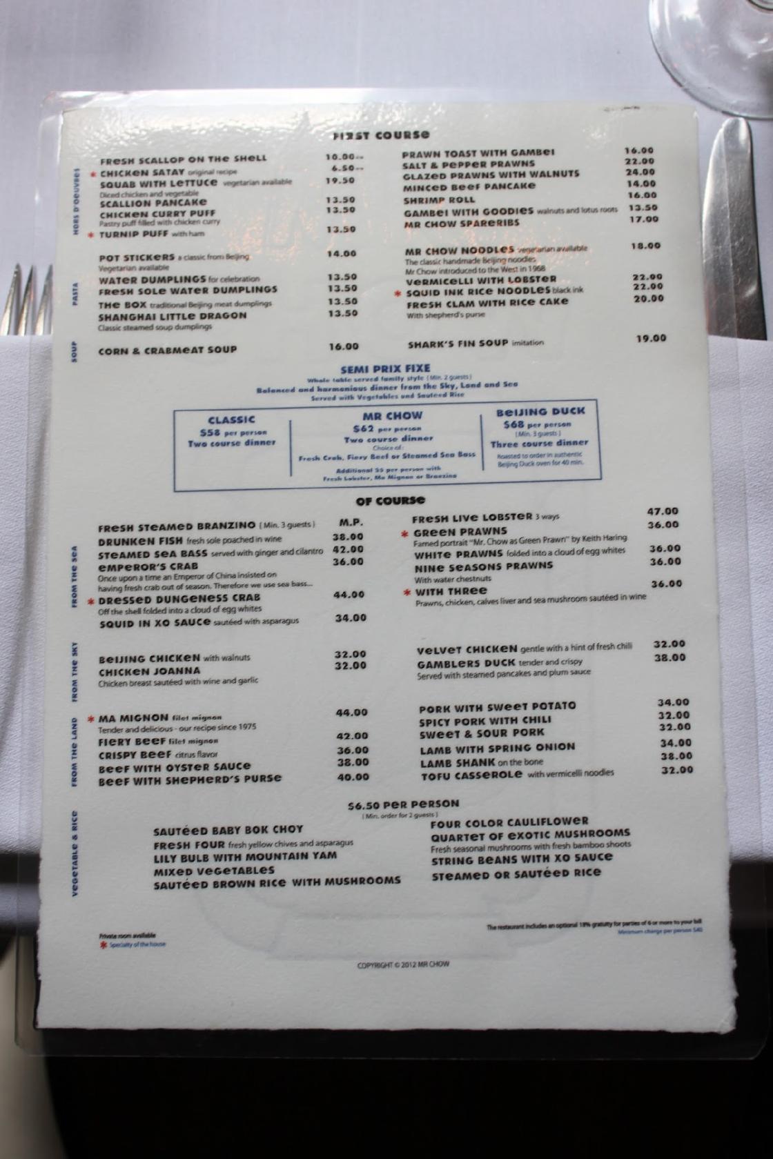Menu at Mr Chow restaurant, New York City, 324 E 57th St