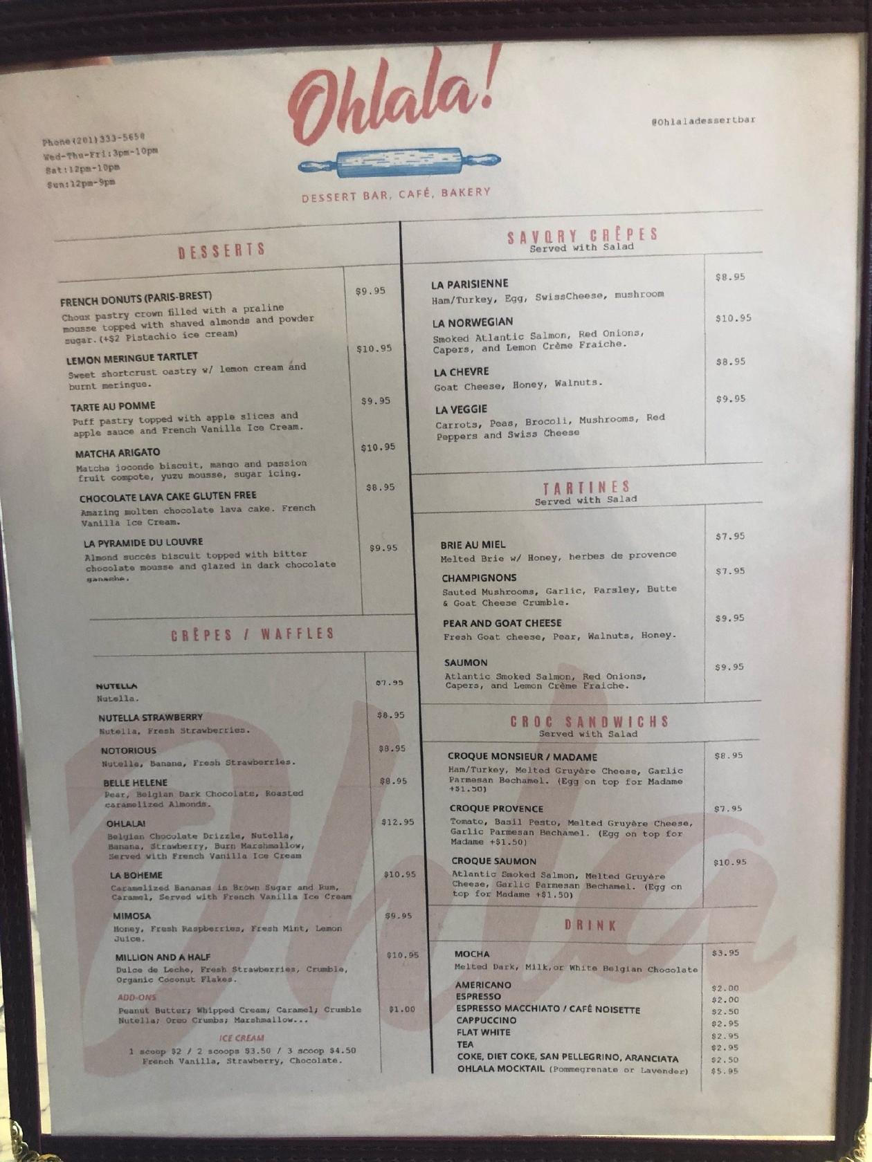 Carta de Ohlala! Dessert Bar, Jersey City, 686 Bergen Ave