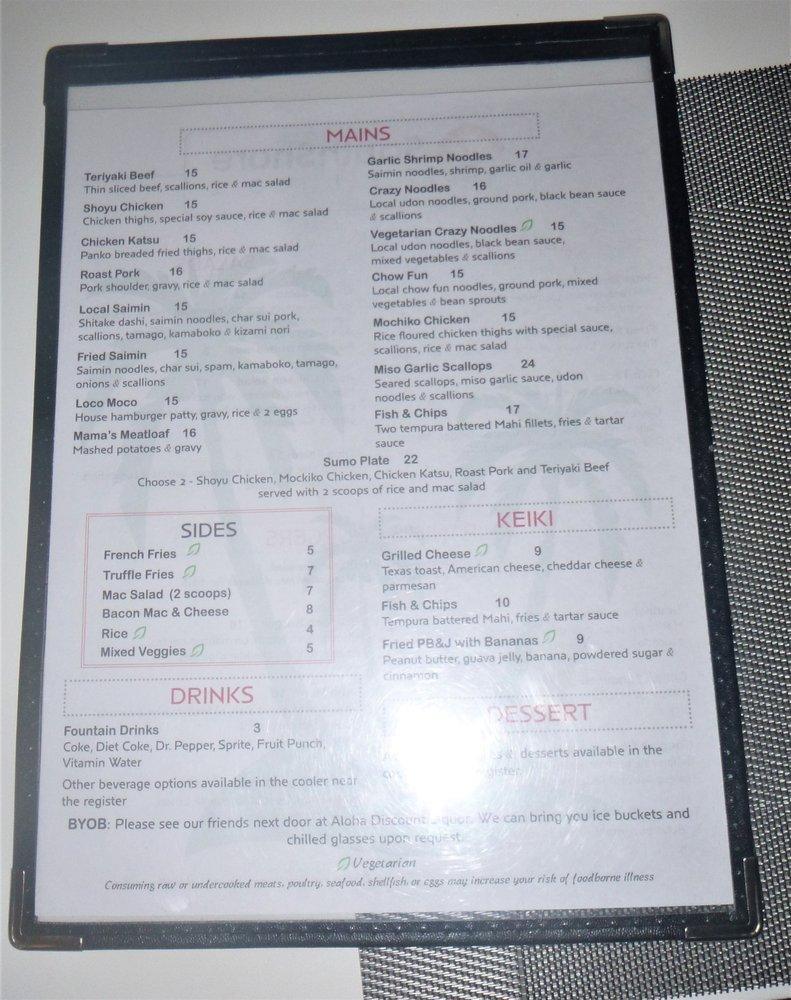 Menu at Southshore Grindz restaurant, Kihei