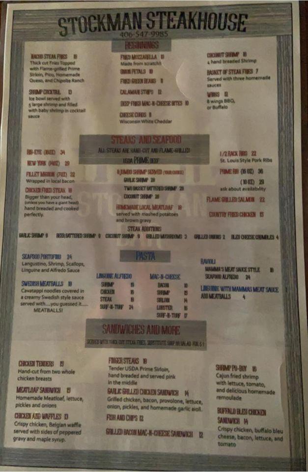 Menu at Stockman Steakhouse, White Sulphur Springs