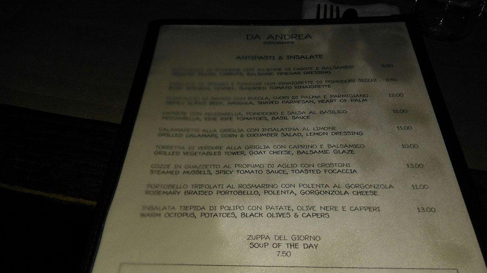 Menu at Da Andrea restaurant, New York City