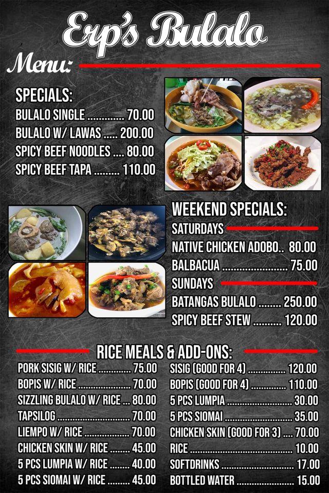 Menu at ERP'S Bulalohan restaurant, Iloilo City
