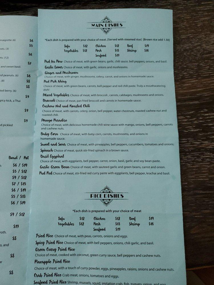 Menu at Imperial Palace Thai Cuisine restaurant, Hiram