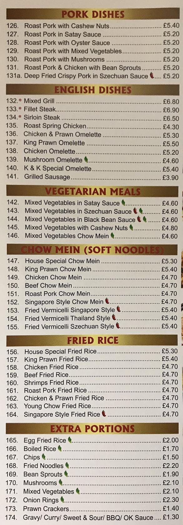 Menu at K & K Chinese Takeaway restaurant, Warmfield