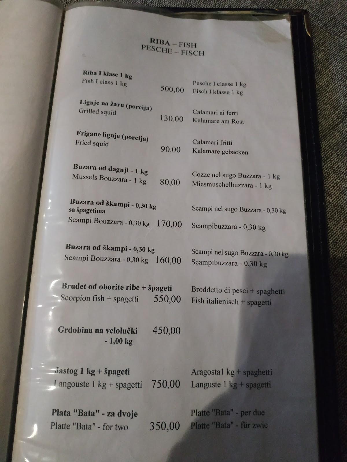 Menu at Konoba Bata restaurant, Vela Luka