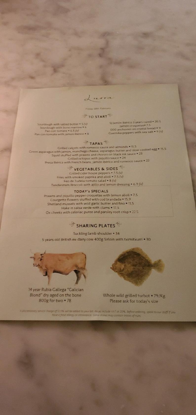 Menu at Lurra restaurant, London