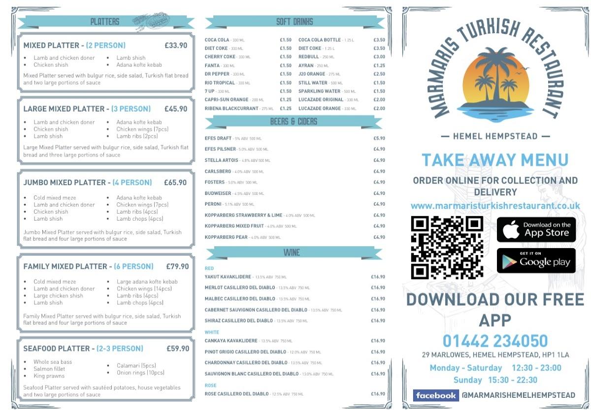 Menu at Marmaris Turkish Restaurant, Hemel Hempstead