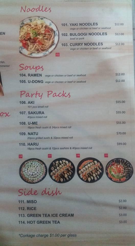 Menu at Moon's Sushi restaurant, Wollongong