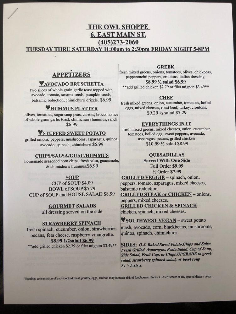 Menu at The Owl Shoppe restaurant, Shawnee