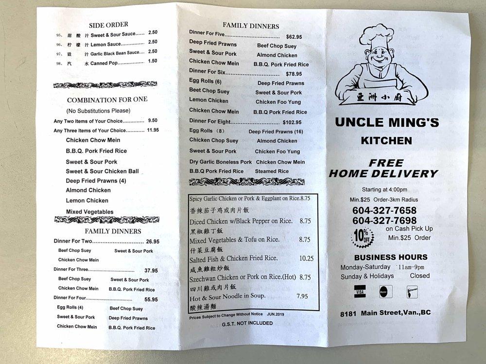 Menu at Uncle Mings Kitchen restaurant, Vancouver
