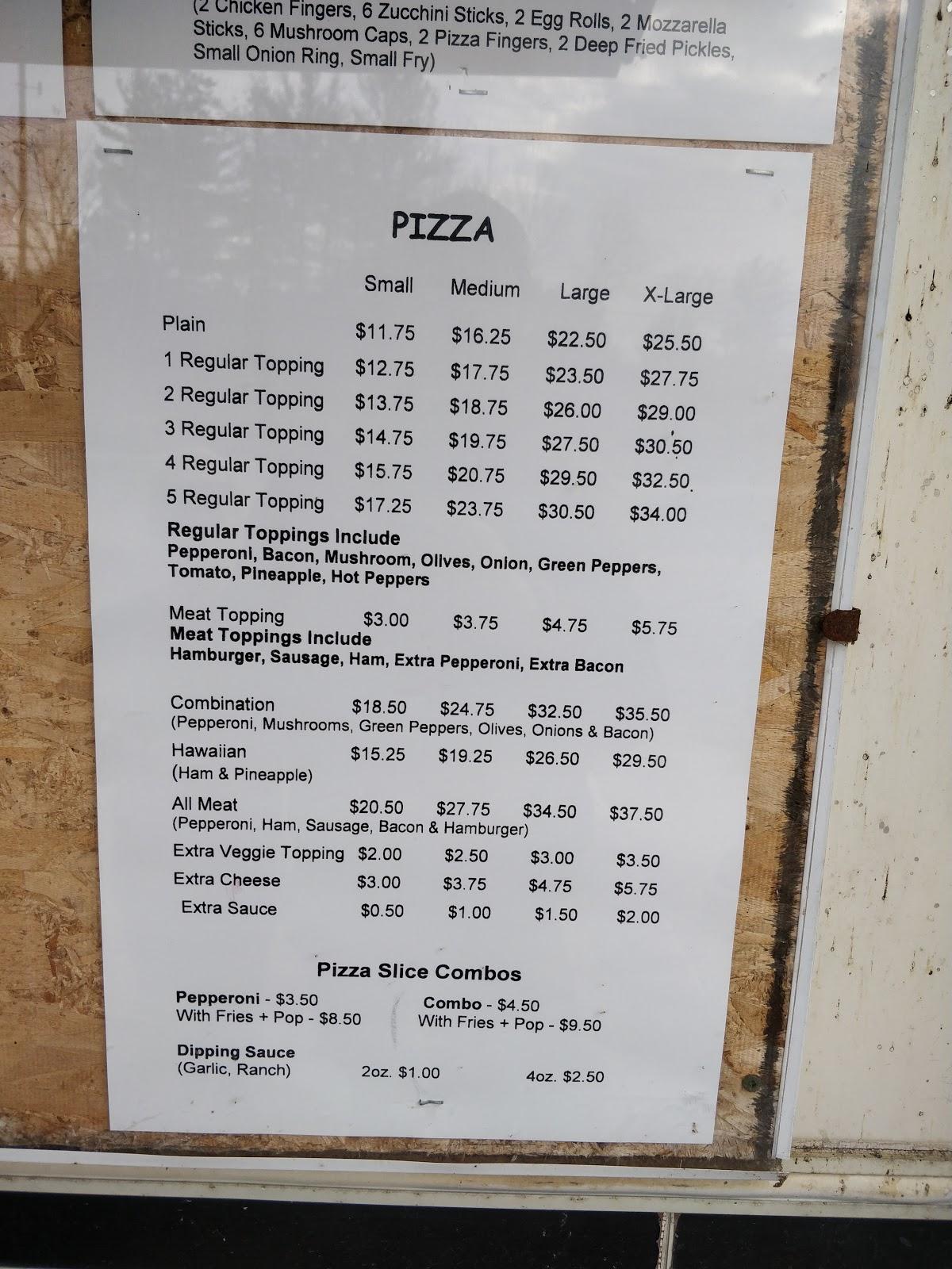 Menu at Dan's Pizza restaurant, Cobden