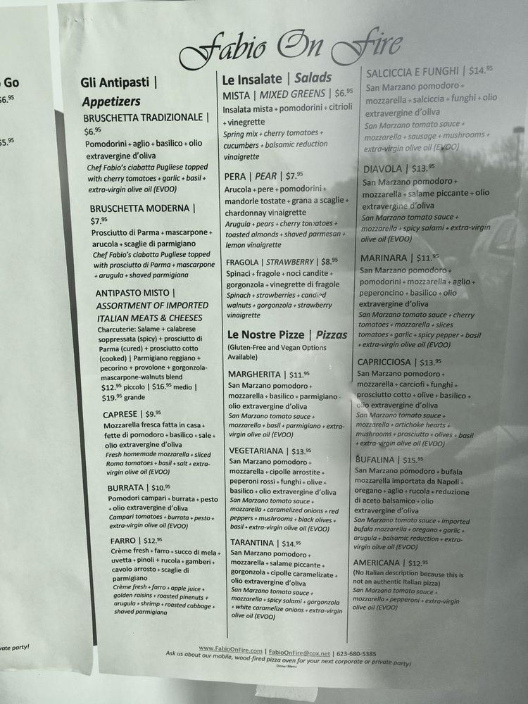 Menu at Fabio On Fire Pizzeria Italiana, Peoria, W Lake Pleasant Pkwy #101