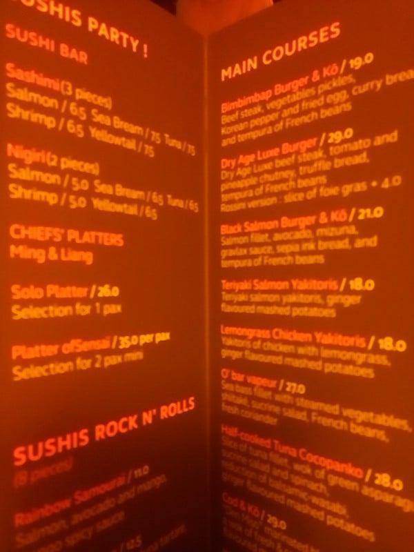 Menu at Miss Kô restaurant, Paris