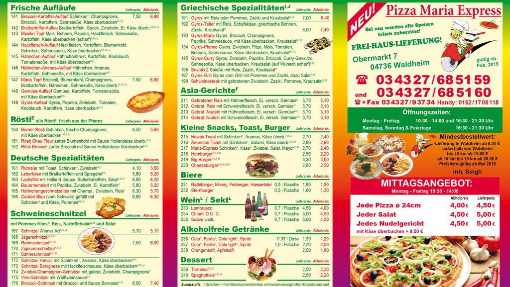 Speisekarte von Pizza maria express, Waldheim