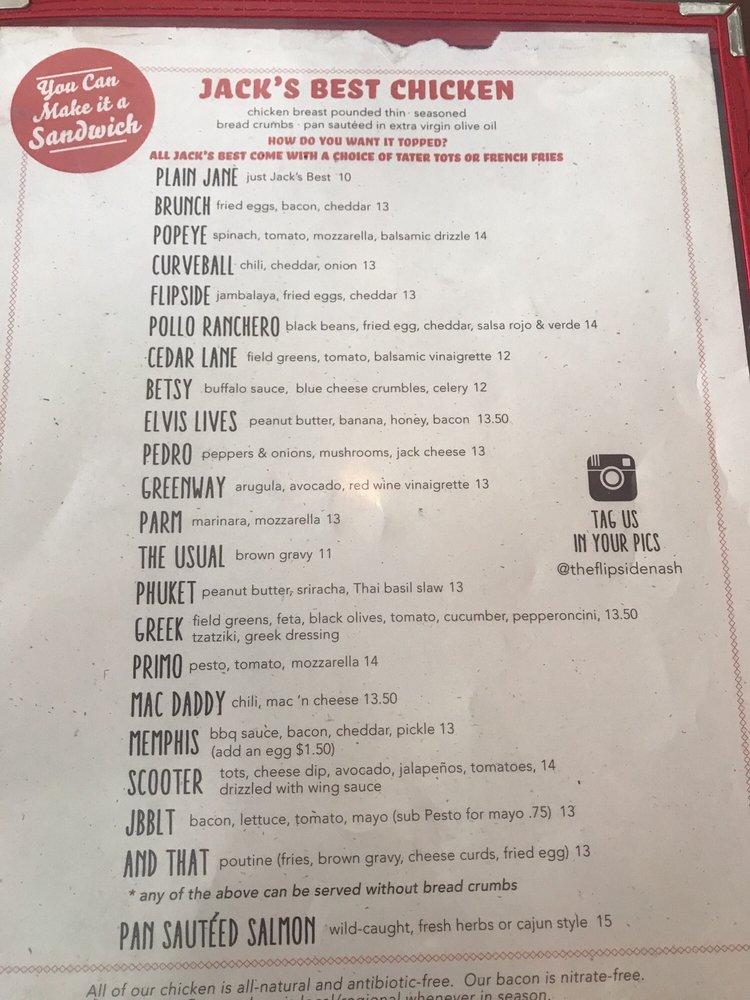 Menu at The Flipside restaurant, Nashville