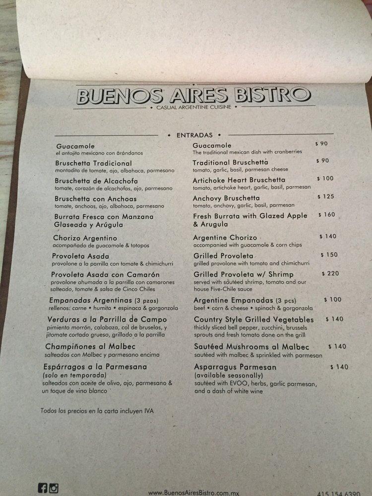 Menu at BUENOS AIRES BISTRO restaurant, San Miguel de Allende