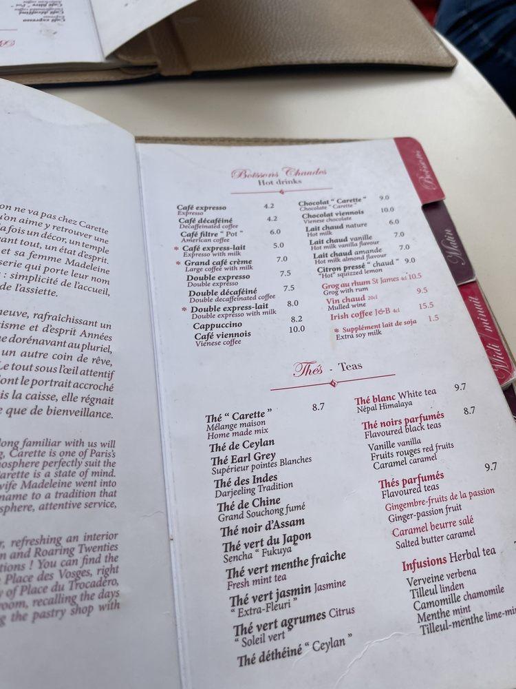 Menu at Carette pub & bar, Paris, 25 Pl. des Vosges