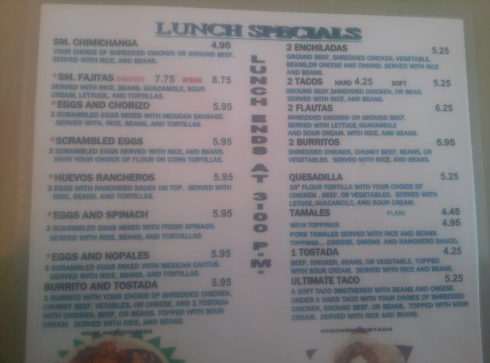 Menu at Carlos' Mexican Restaurant, Westland