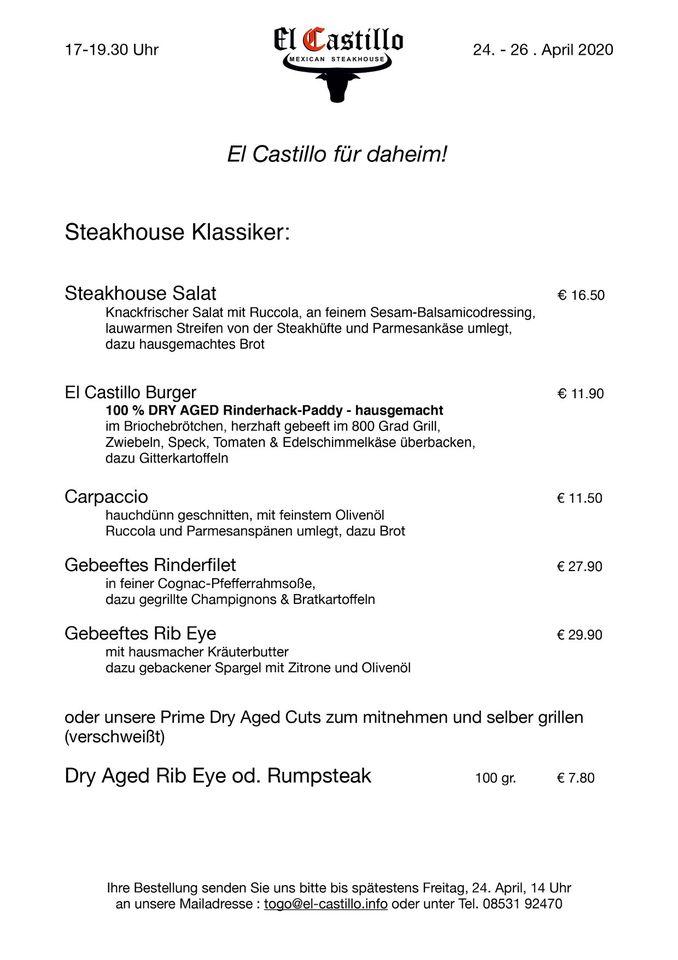 Menu at El Castillo steakhouse, Bad Füssing