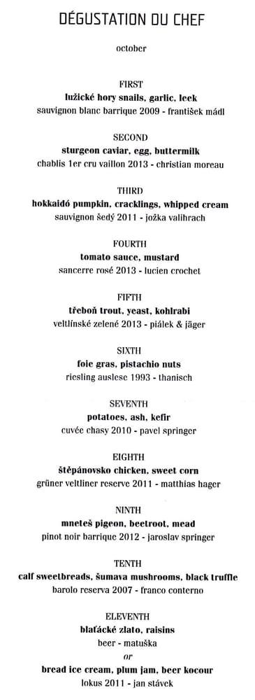 Menu at La Degustation restaurant, Prague