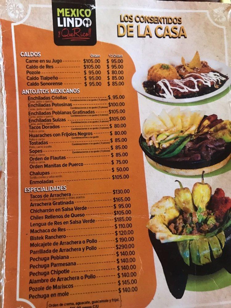 Menu at Mexico Lindo restaurant, Mexicali