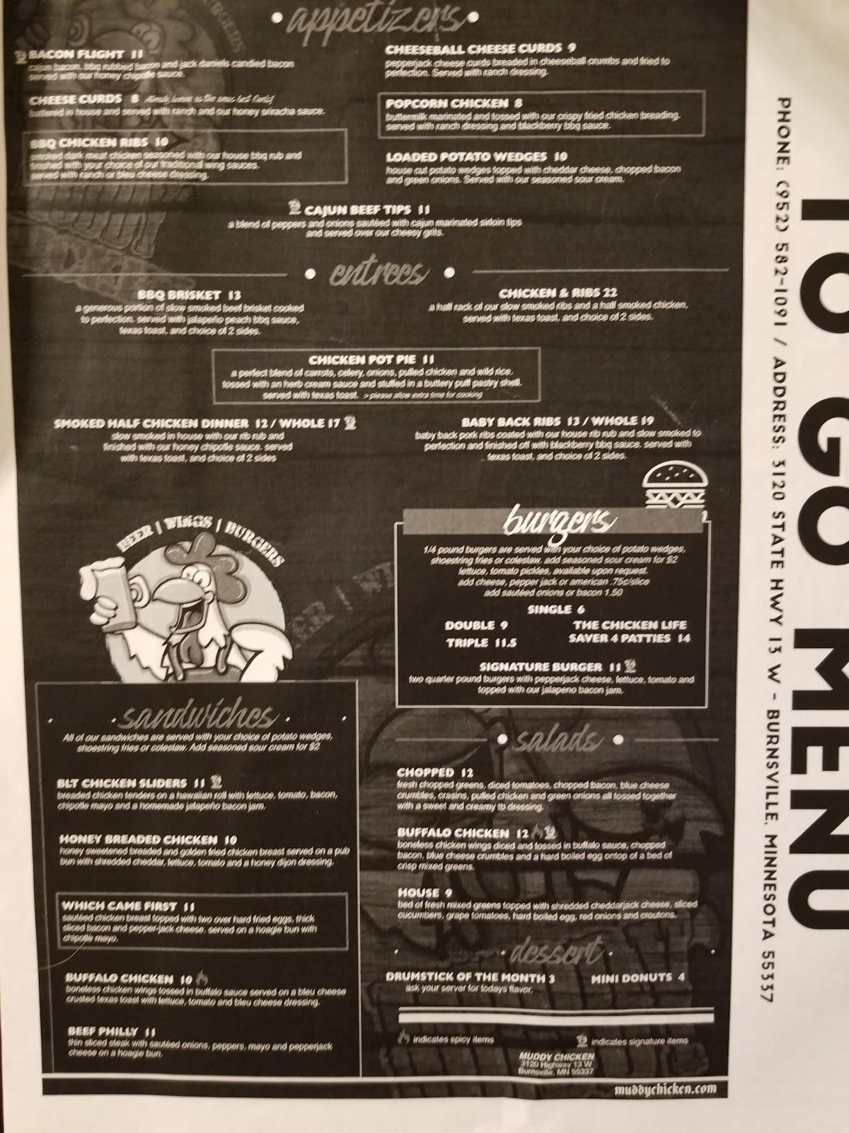 Menu at Muddy Chicken pub & bar, Burnsville