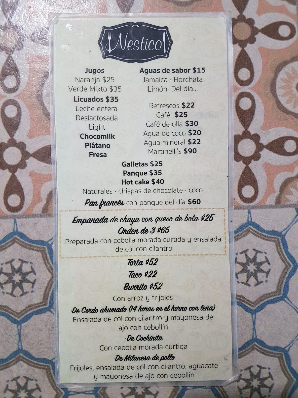 Carta del restaurante Nestico, Cancún