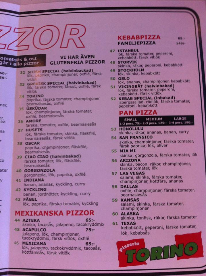 Menu at Pizzeria Torino, Storvik, Handelsgatan 2