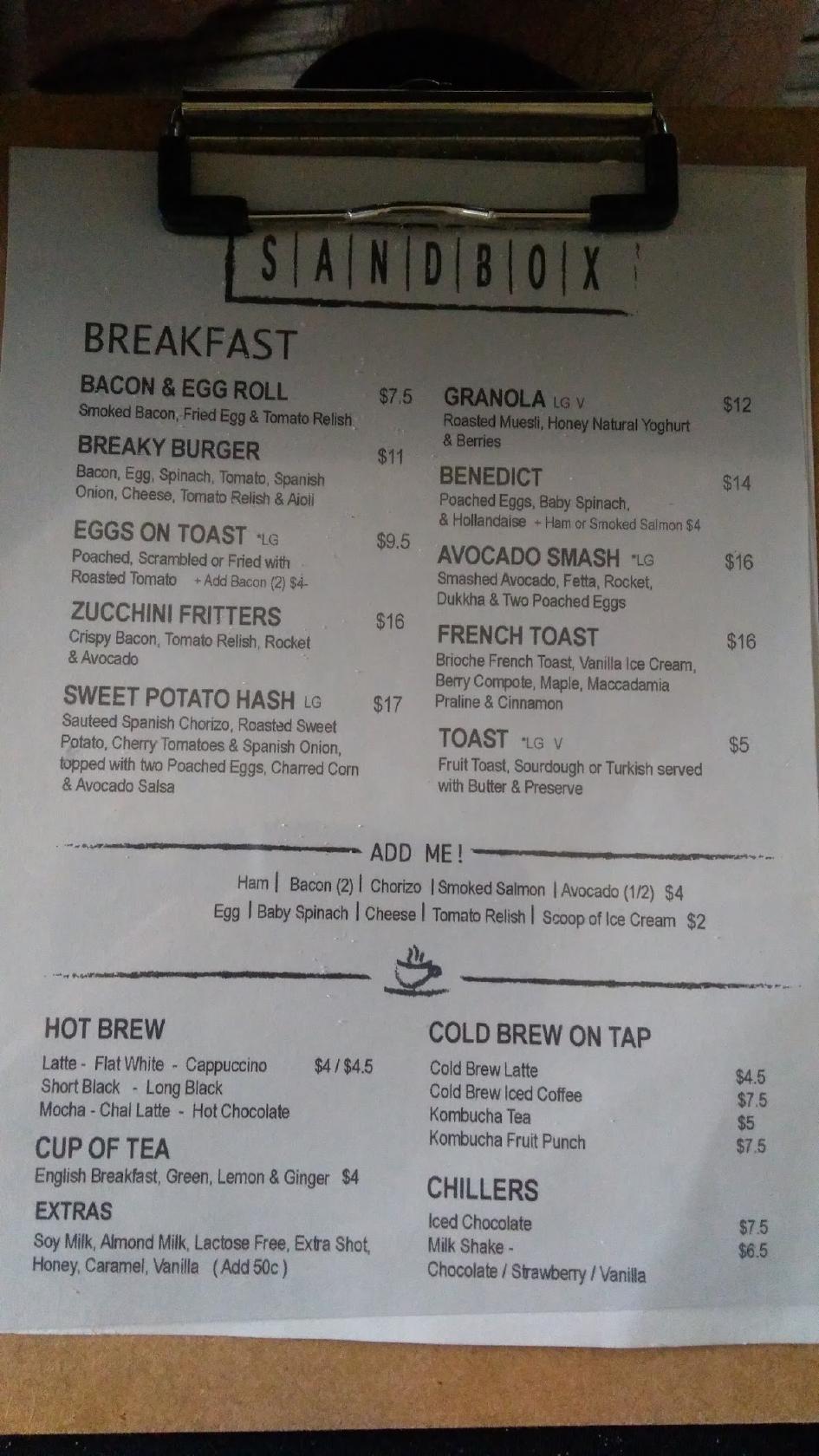 Menu at Sandbox cafe, Port Macquarie, 36 Tuppenny Rd