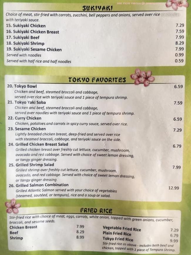 Menu at Tokyo Bowl restaurant, Porterville