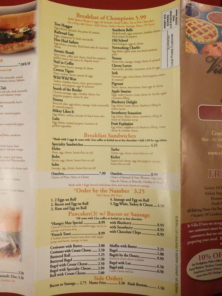 Menu at Villa D'oro Italian Deli and Bakery, Crugers