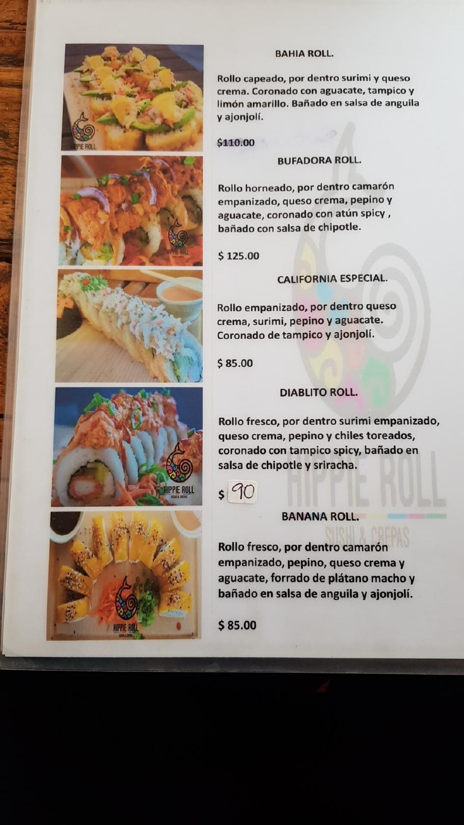 Carta del restaurante hippie roll, Ensenada