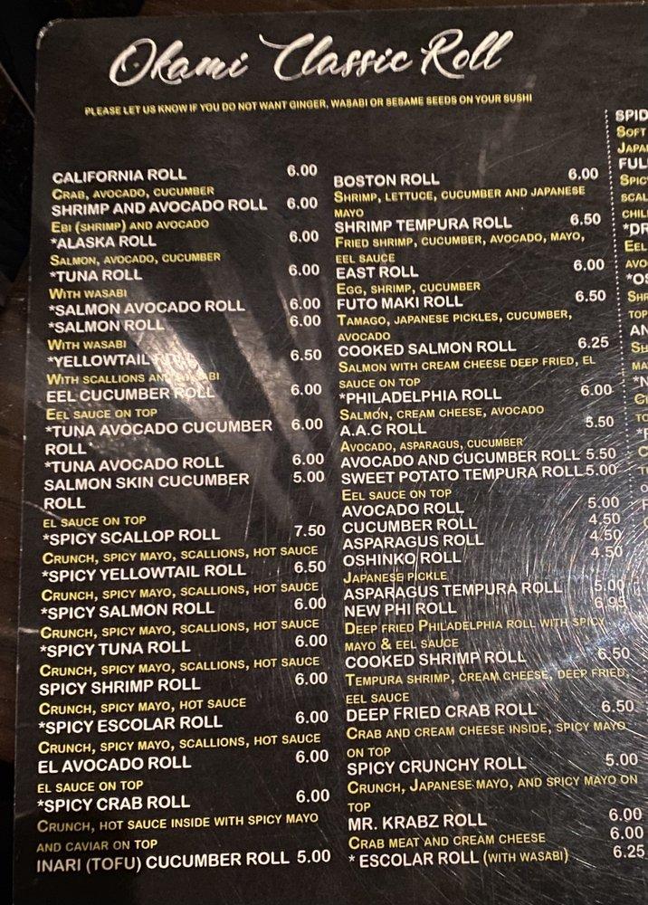 Menu at Okami Japanese Steakhouse, Wilmington