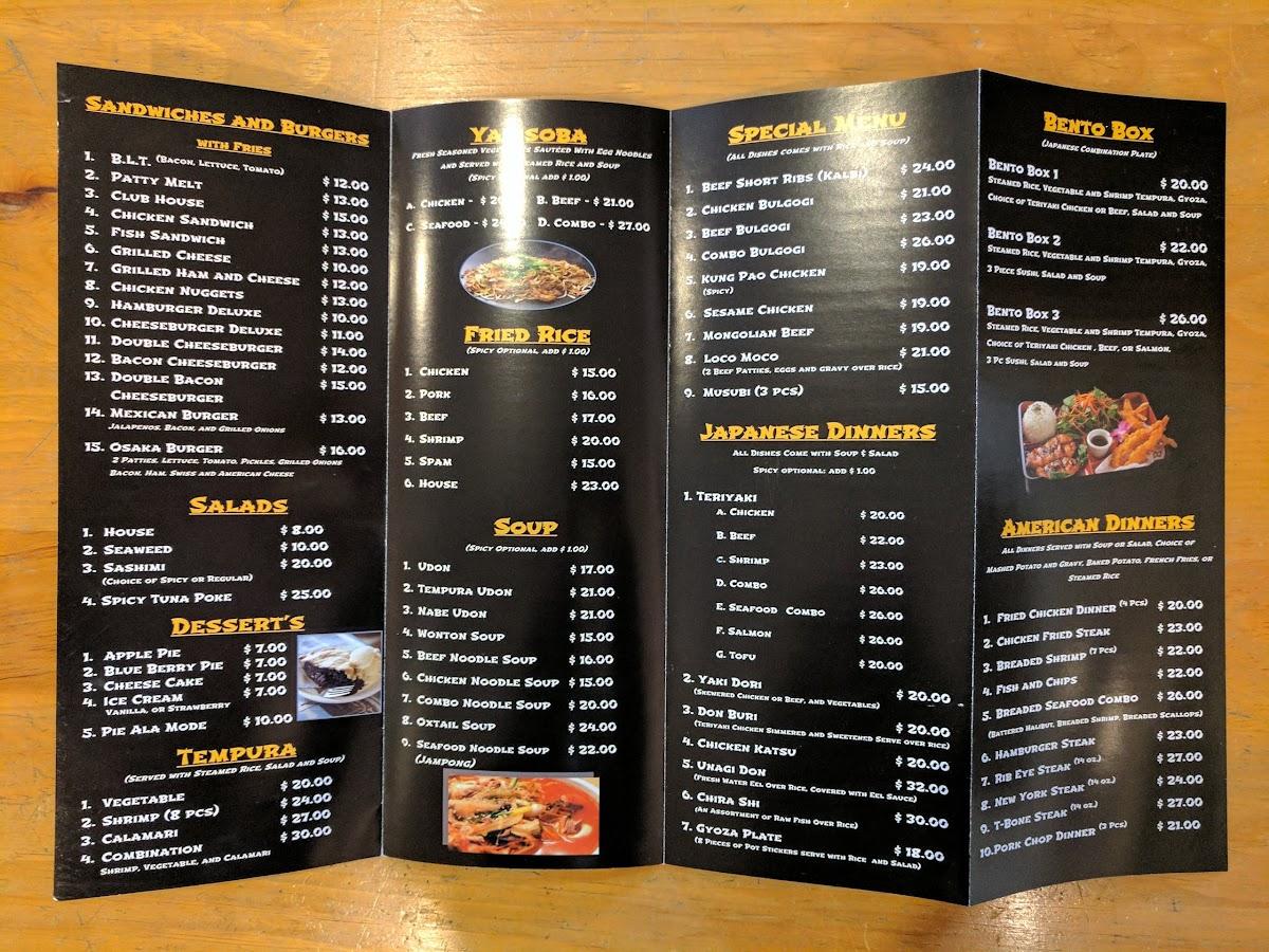 Menu at Osaka Restaurant, Utqiagvik