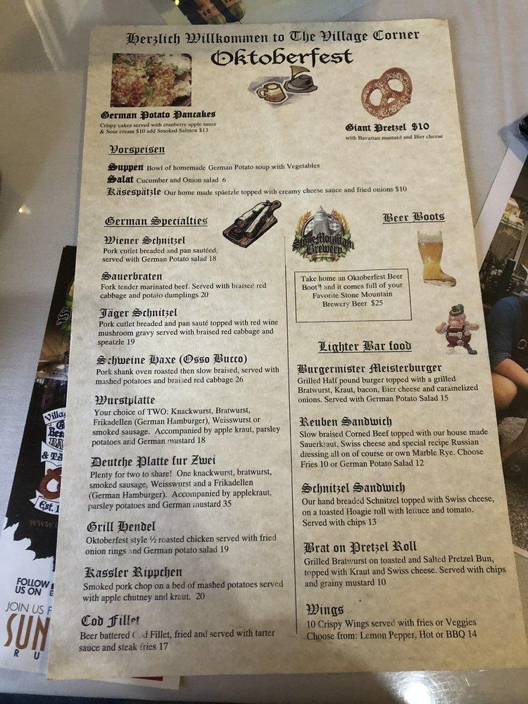 Menu at The Village Corner German Restaurant & Bakery, Stone Mountain