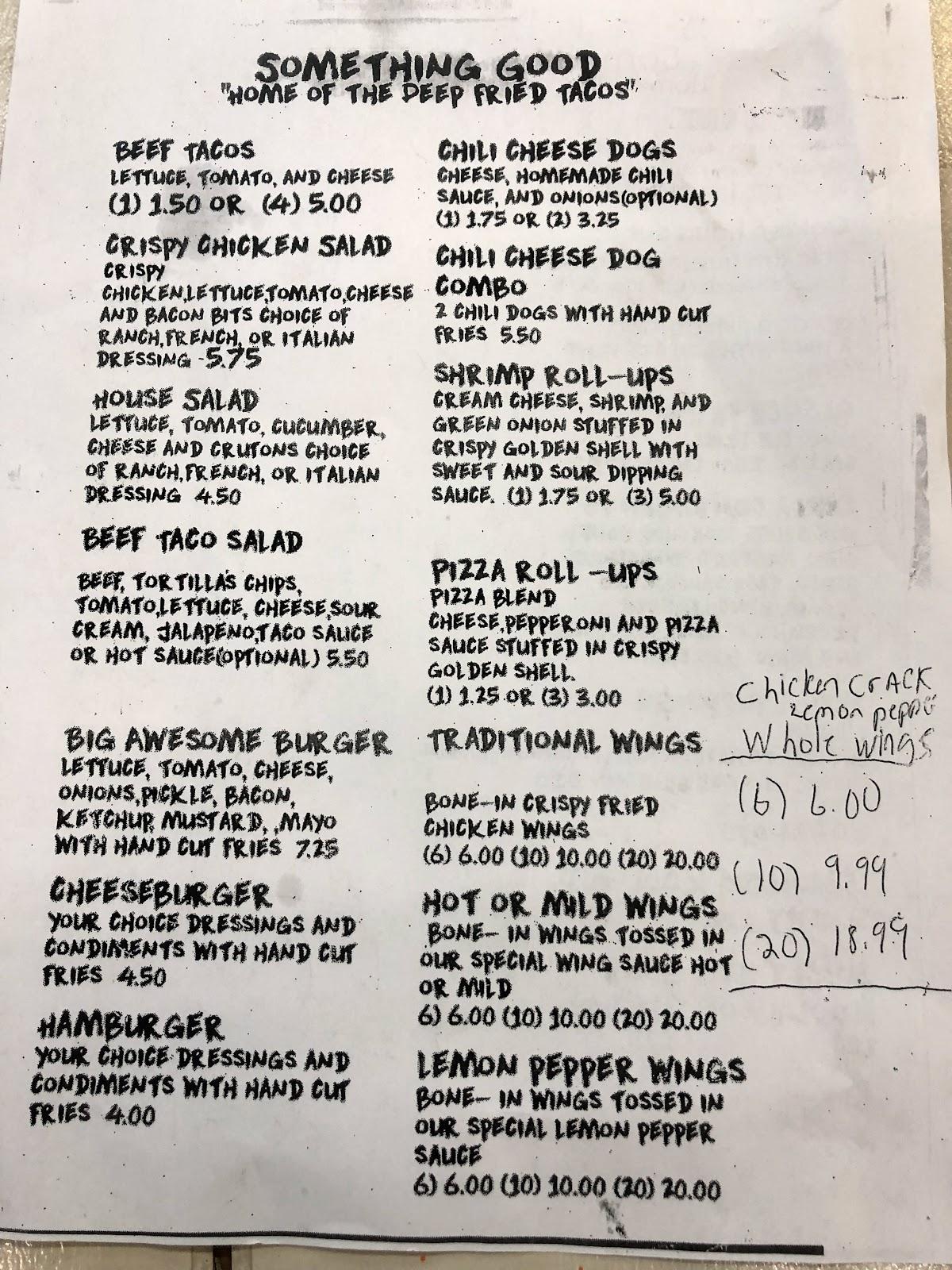 Menu at something good restaurant, Kokomo