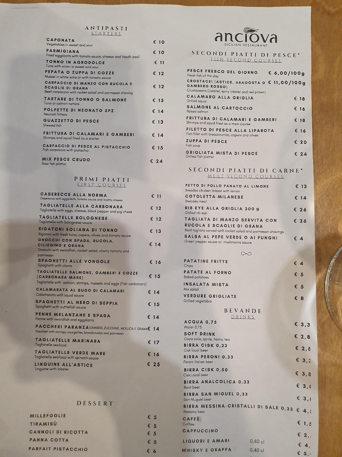 Menu at Anciova restaurant, Gzira