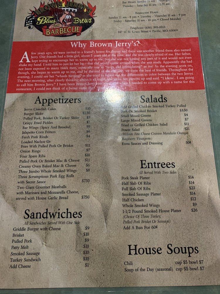 Menu at Brown Jerry's Blues, Brews & BBQ, Pacific
