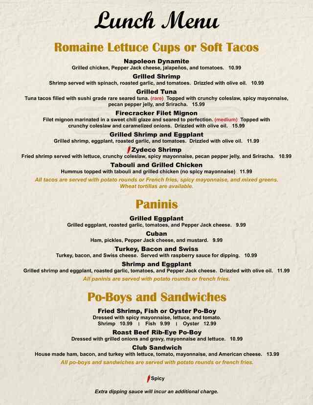 Menu at Cafe Josephine, Sunset