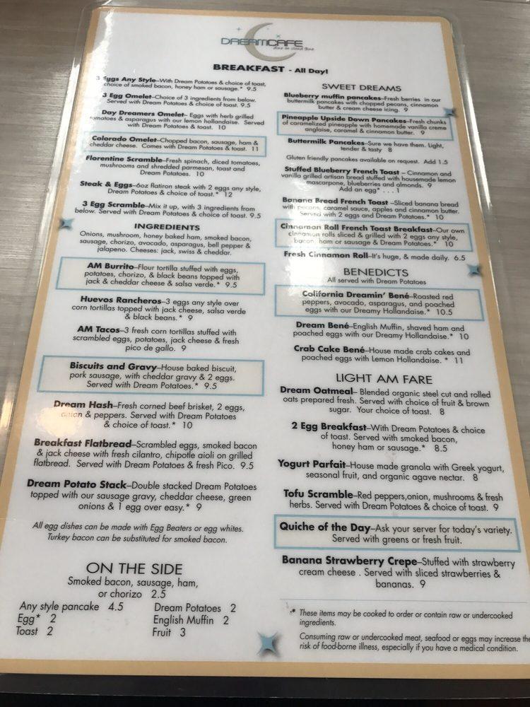 Menu at Dream Cafe, Grand Junction