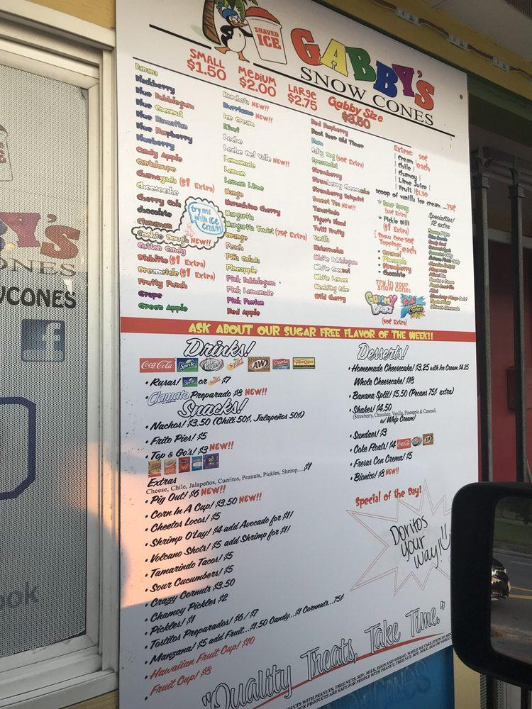 Menu at Gabby's Snow Cones desserts, Rosenberg