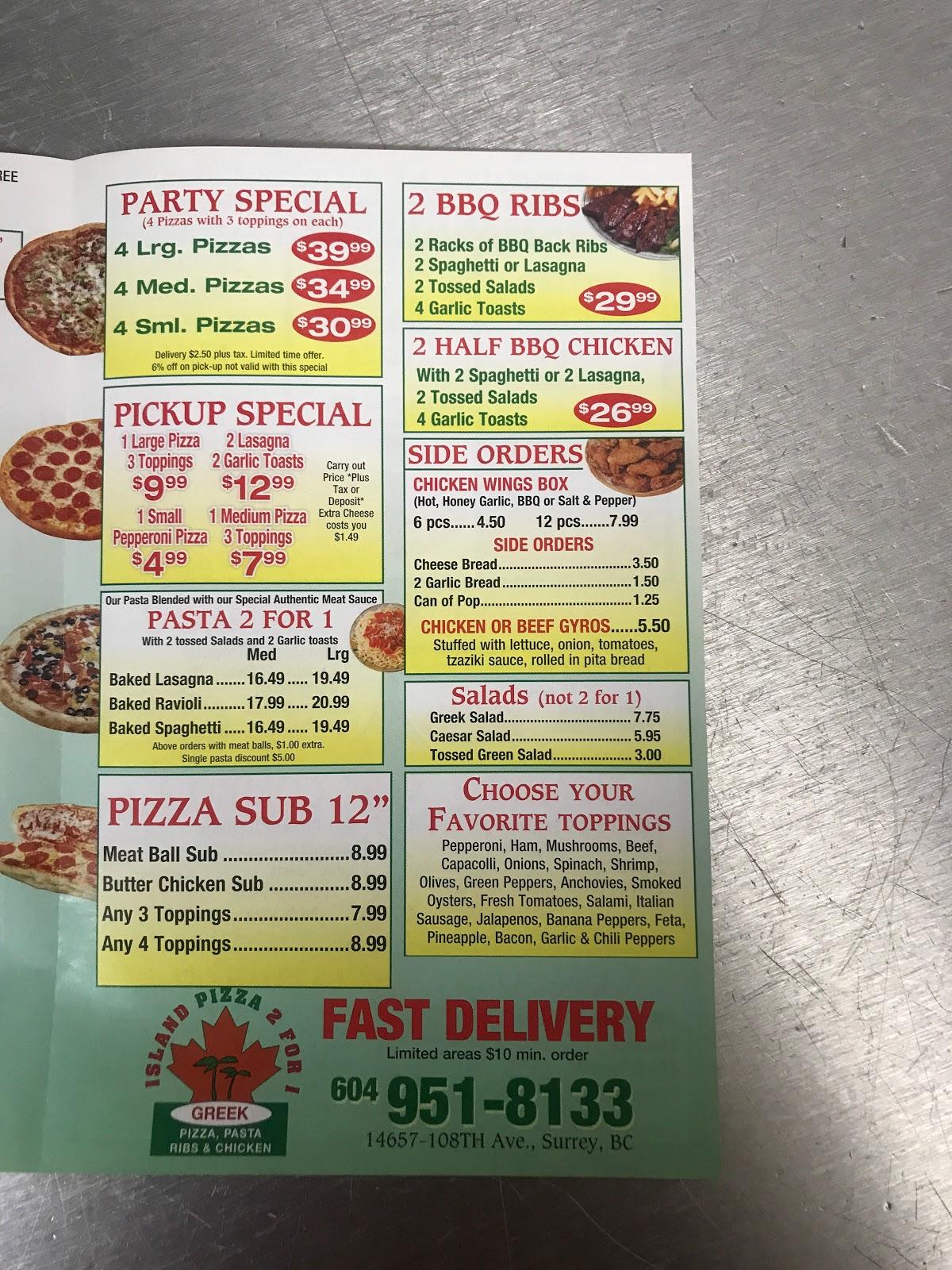Carta de pizzería Greek Island Pizza Surrey, Surrey
