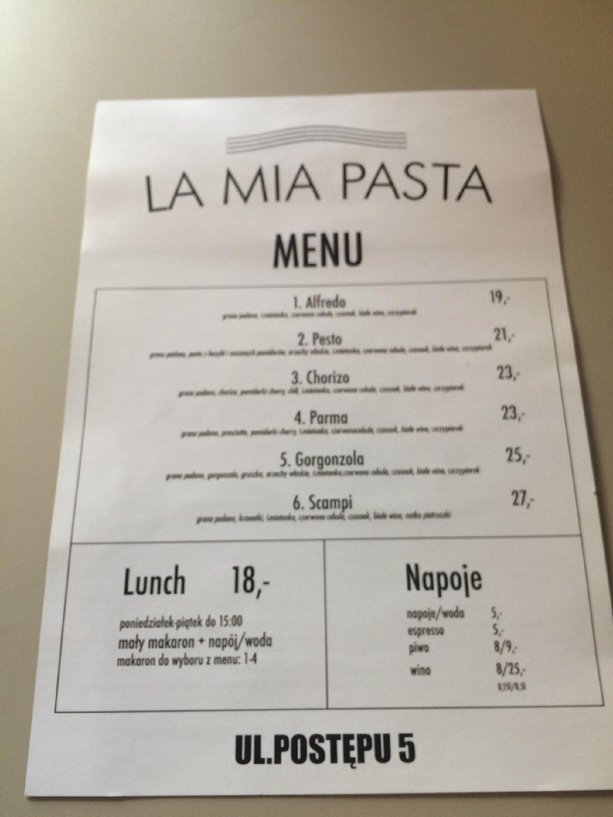 Menu at La Mia Pasta restaurant, Warsaw