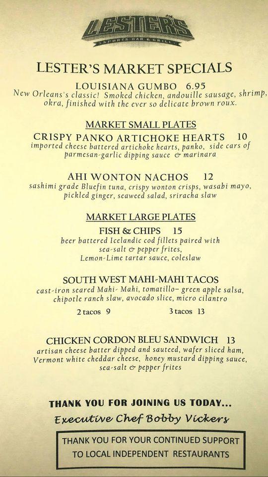 Menu at Lester's pub & bar, Ladue, Clayton Rd